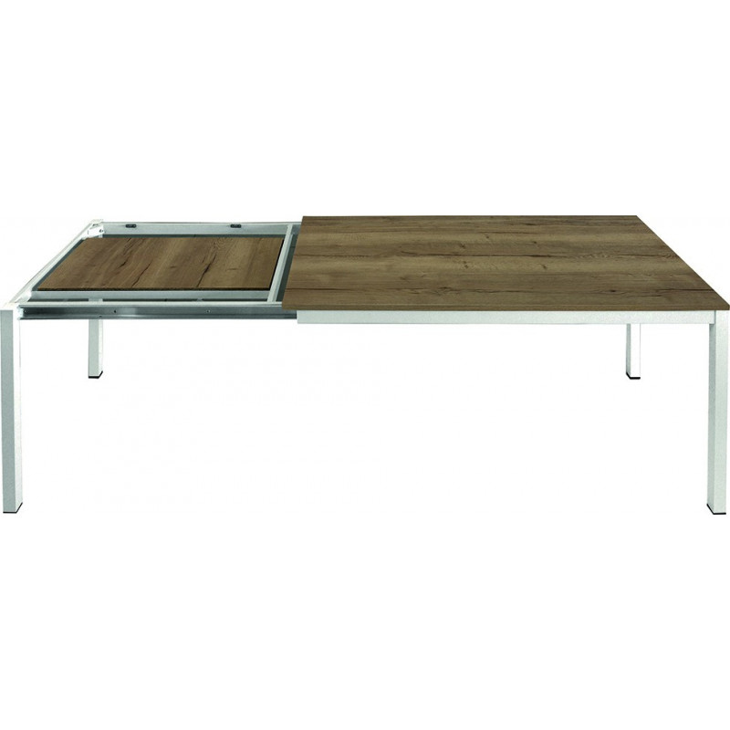 2196 Extending table with metal base and antiqued melamine oak wood top